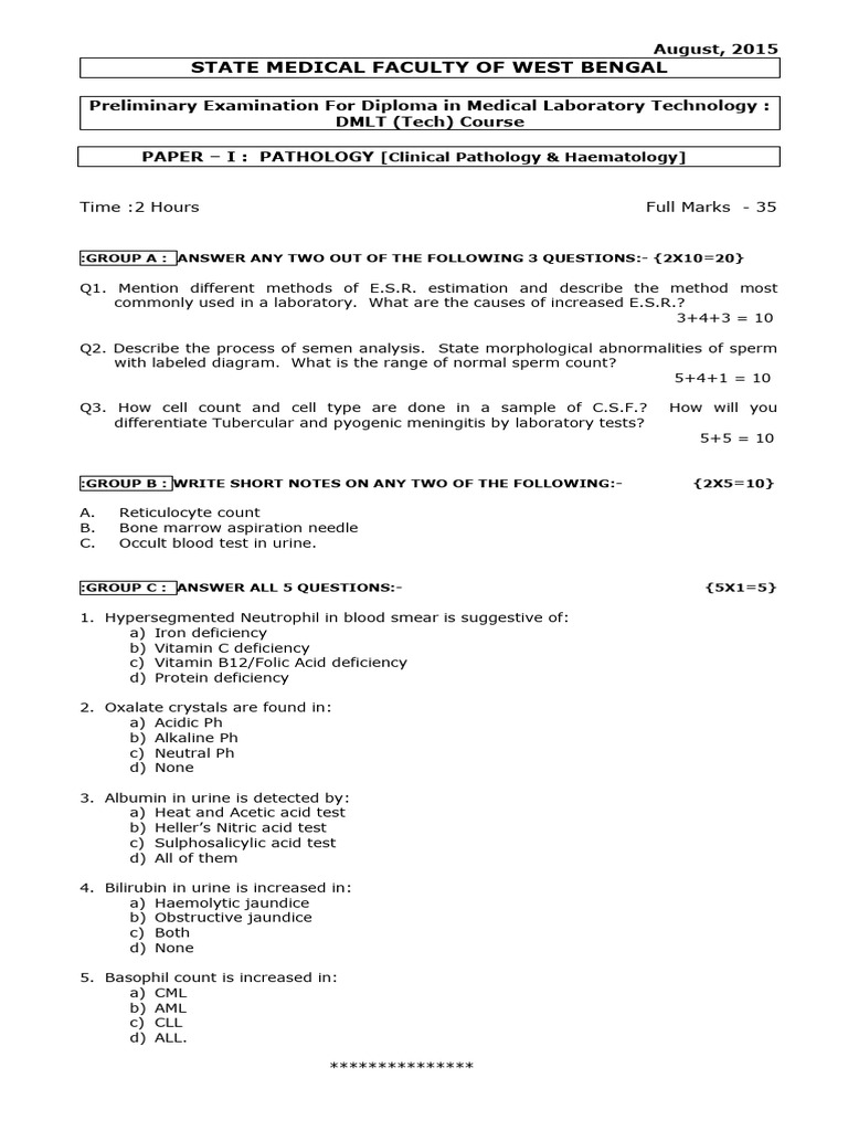 DMLT Exam Papers: Pathology, Microbiology, Biochemistry | PDF ...