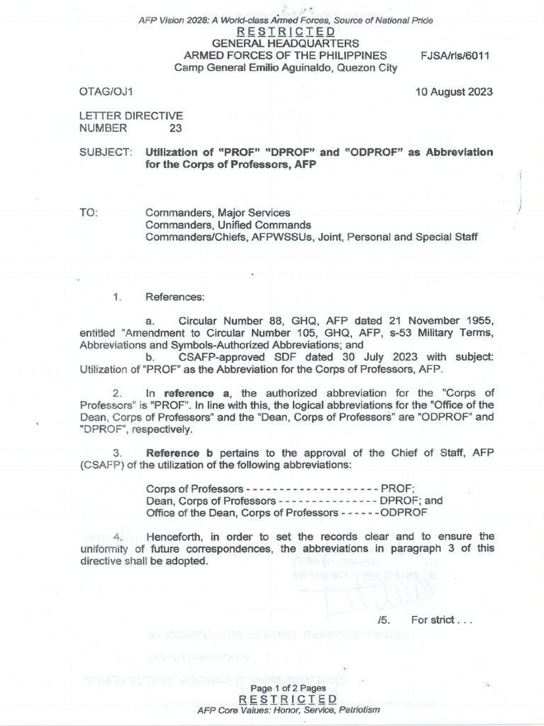 Letter Directive NR 23 GHQ, Afp DTD 10 Aug 2023 - Utilization of Prof ...