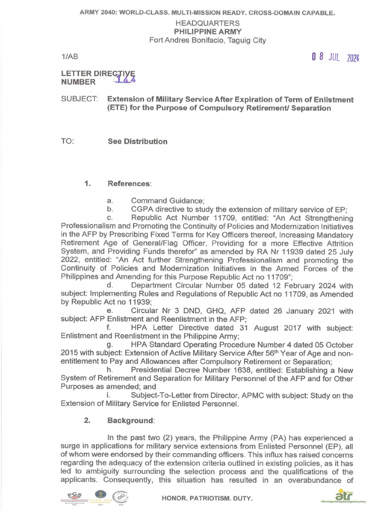 LETTER DIRECTIVE NR 144 HPA DTD 08 JUL 2024 - Extension of Military ...