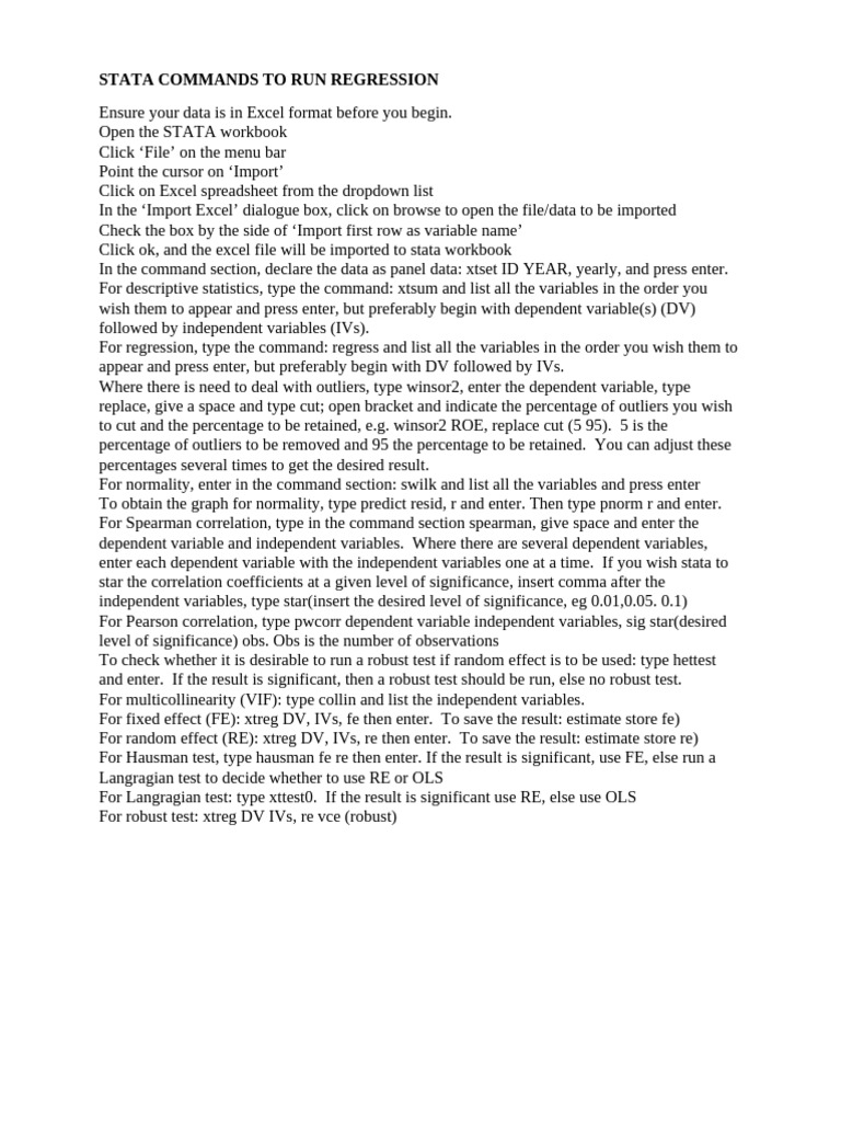 Stata Commands To Run Regression Pdf Microsoft Excel Regression Analysis