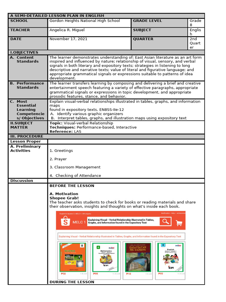 Grade 8 English Lesson Plan on Visual-Verbal Relationships | PDF ...
