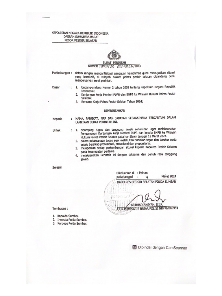 Sprin PAM Kunjungan Menteri PUPR Dan Kepala BNPB | PDF