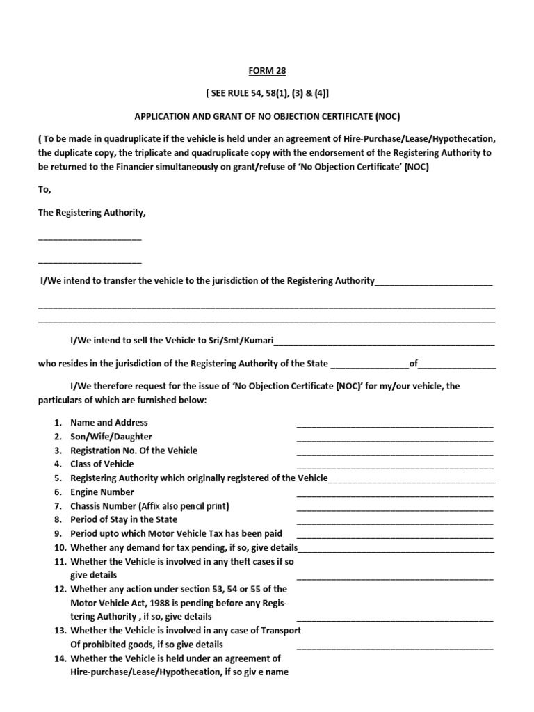 FORM 28 Grant of No Objection Certificate | PDF | Vehicles | Public Law