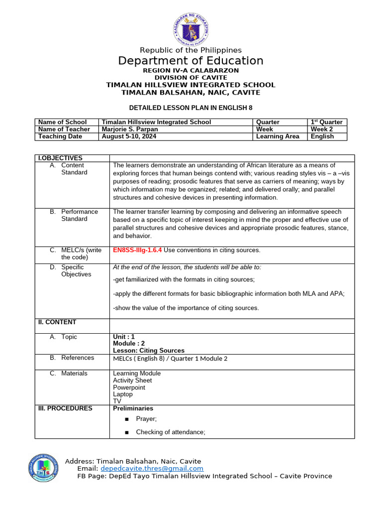 Week 2 - DLP-English-8-Quarter-1-module-2 | PDF | Citation | Apa Style