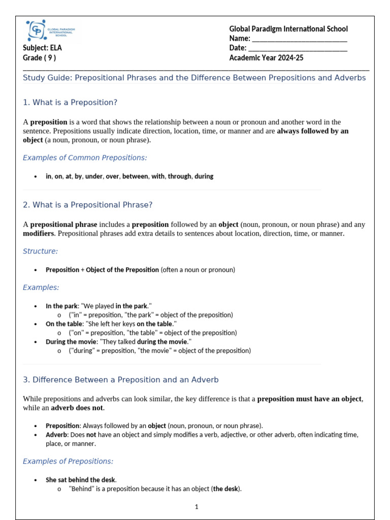 Prepositional Phrases vs. Adverbs Guide | PDF | Preposition And ...