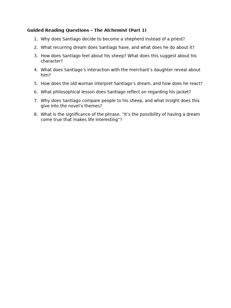 The Alchemist Part 1 Guided Reading Questions | PDF | Social Science ...