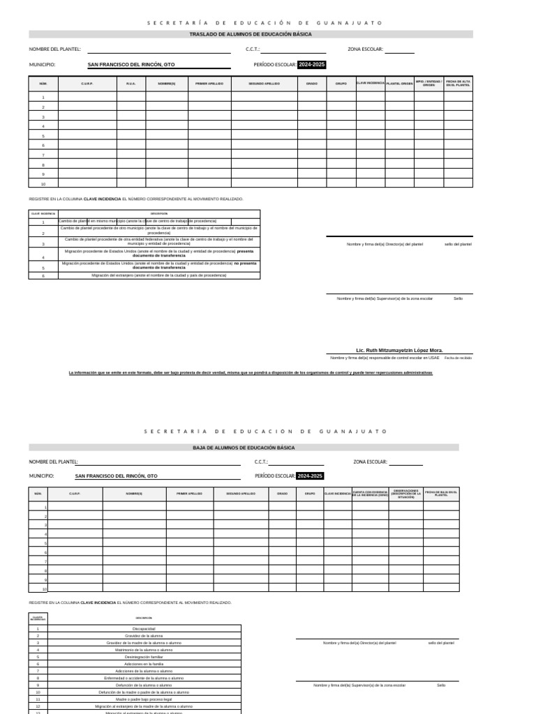 Formato Traslados y Bajas 2024-2025 | PDF