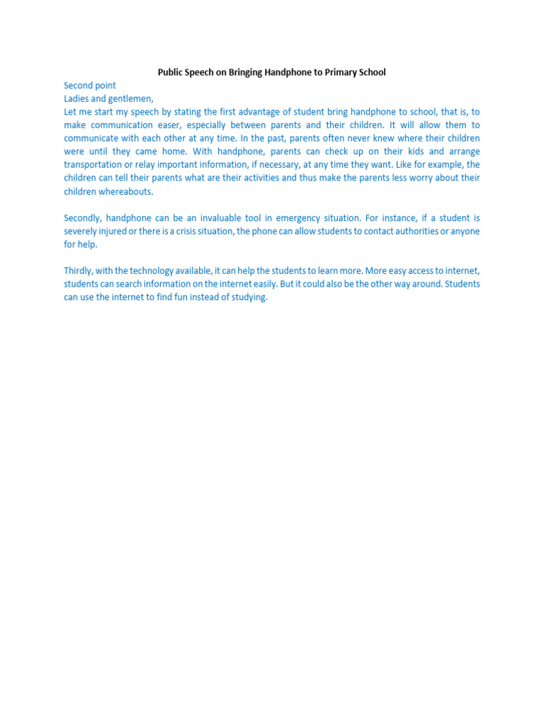 Public Speech On Bringing Handphone To Primary School - Second Point | PDF