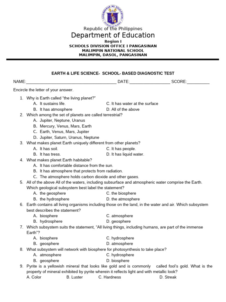Earth and Life Science DIAGNOSTIC Test | PDF | Rock (Geology) | Magma