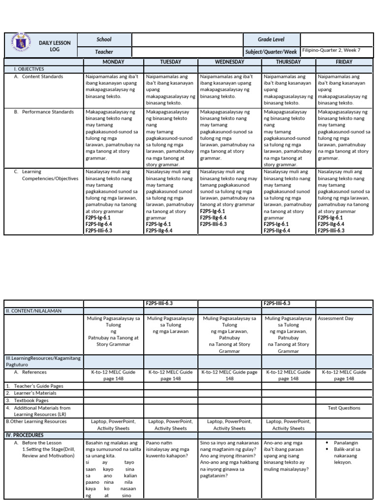 DLL Filipino Q2W7 | PDF