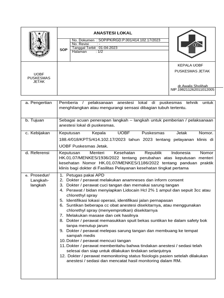 SOP ANASTESI LOKAL New | PDF | Sains & Matematika
