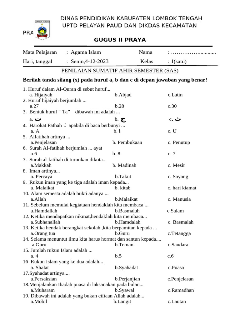 Soal Pat KLS 1 | PDF