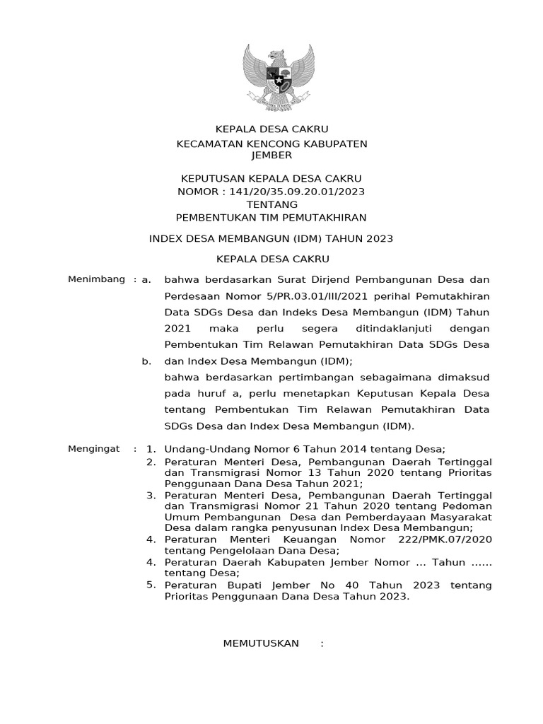 Contoh SK Tim Relawan Pemutakhiran Data Sdgs Desa Dan Idm | PDF