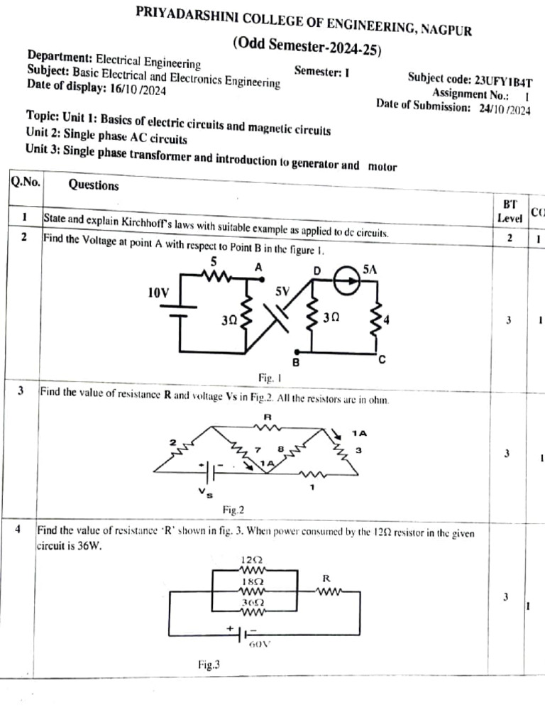 BEEE Assignment 1 (2024-2025) | PDF | Transformer | Electrical Network