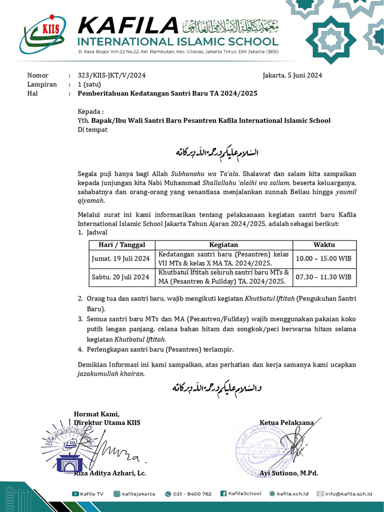 323-Surat Pemberitahuan Kedatangan Santri Baru 2024-2025 | PDF