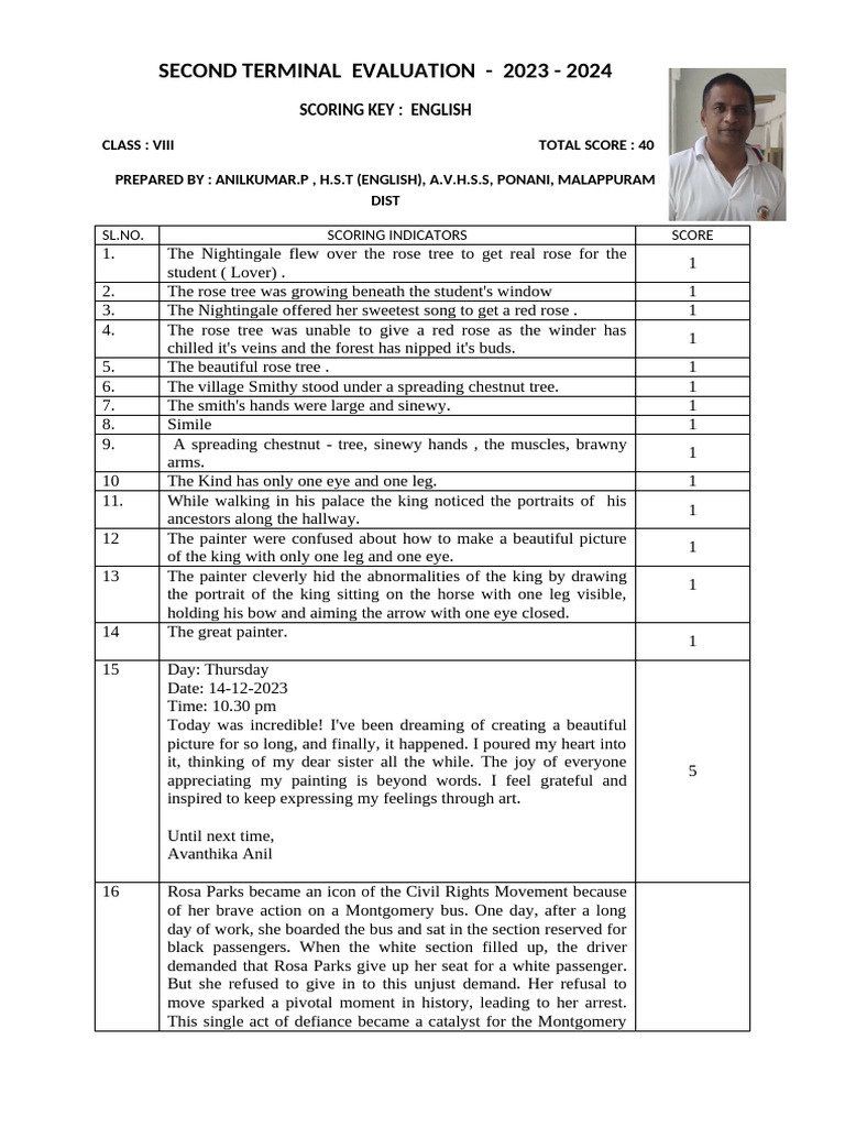 Kerala Class 8 Second Term Exam 2023 - ENGLISH Answer Key by Anilkumar Sir | PDF | Rosa Parks