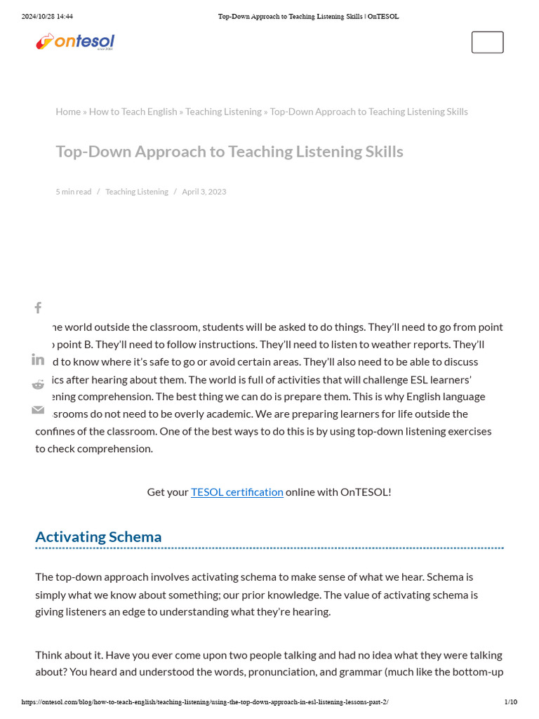 Teaching ESL Listening: Top-Down Methods | PDF | English As A Second Or ...