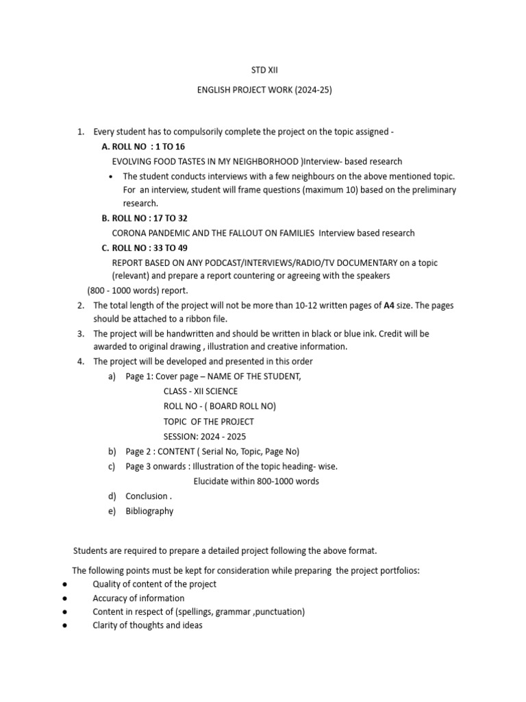 English Project Guidelines for XII Students | PDF | Foreign Language ...