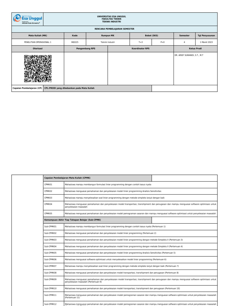 RPS 2022-InD225 Penelitian Operasional 1 | PDF