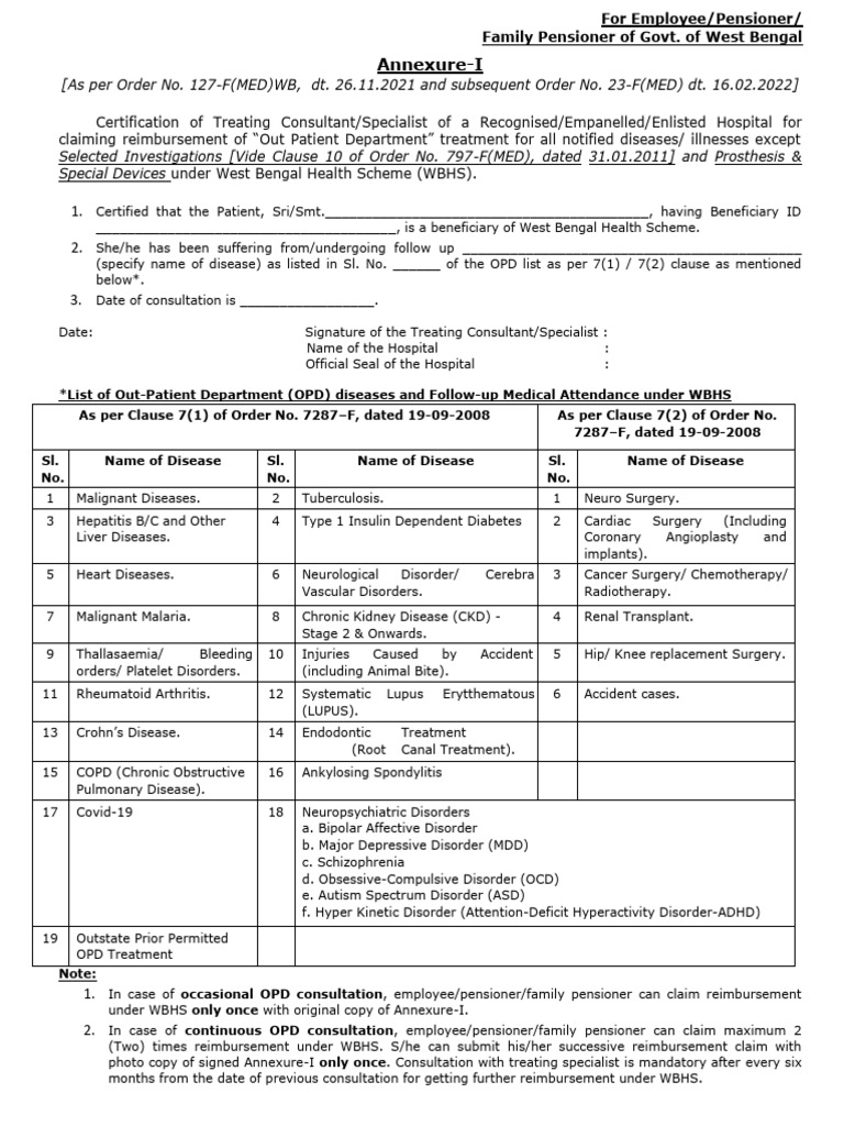 WBHS Annexure-I: OPD Treatment Certification | PDF | Clinical Medicine ...