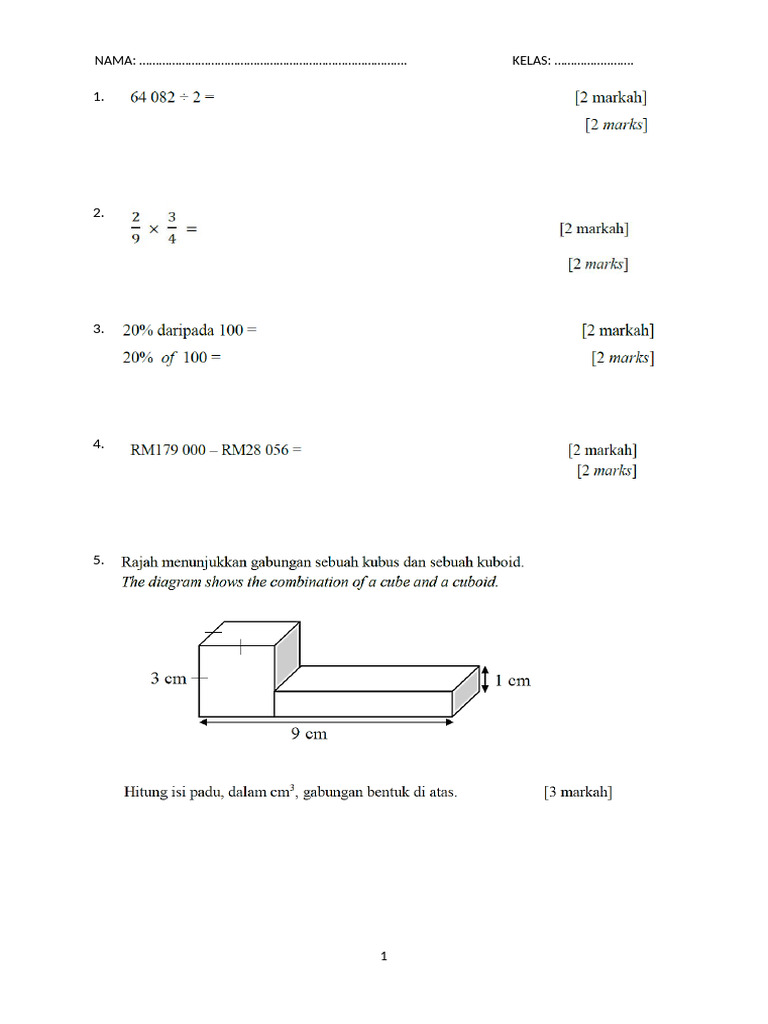 Soalan Ulangkaji Uasa Matematik Tahun 5 | PDF