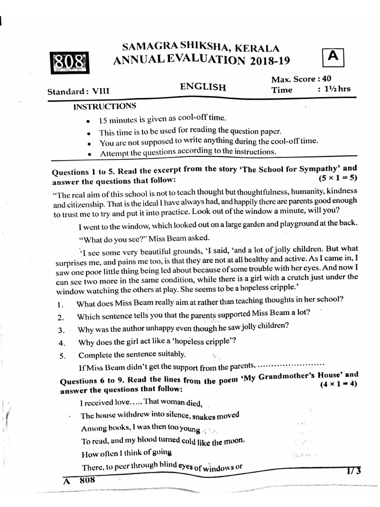 ENGLISH Question Paper Kerala Class 8 Annual Exam March 2019 | PDF