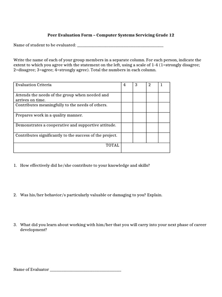 Peer Eval GroupWork - Work Immersion | PDF