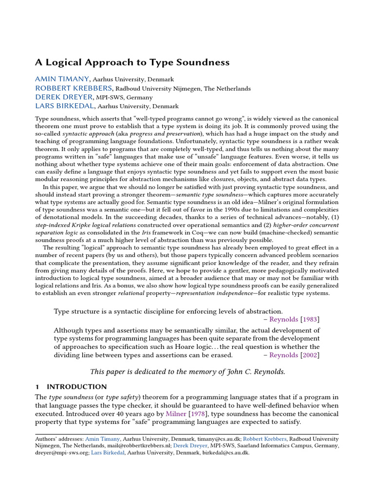A Logical Approach To Type Soundness | PDF | Abstraction (Computer Science) | Semantics