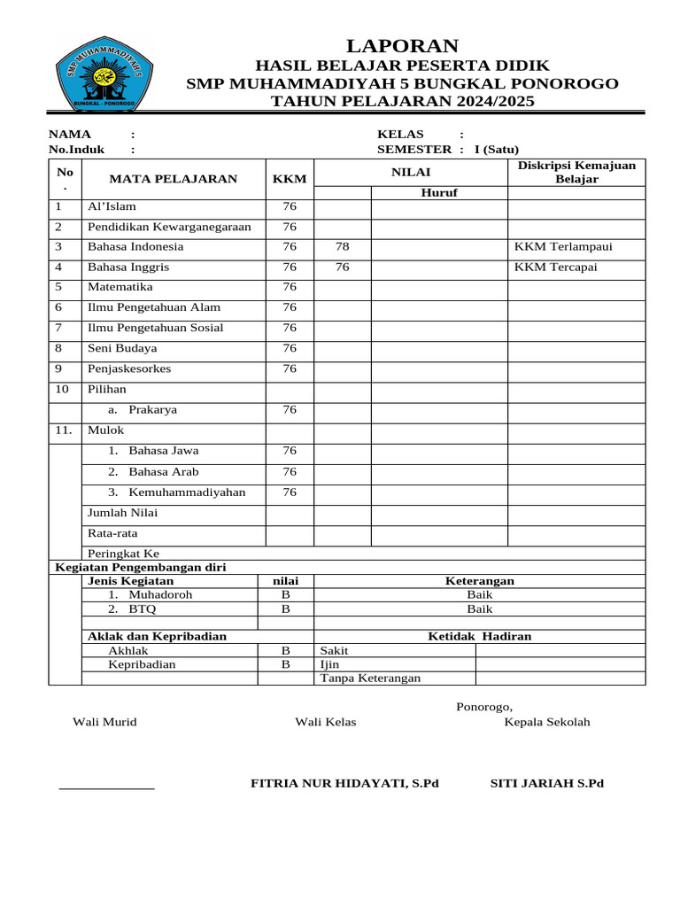 Format Sisipan Rapot SMP 2024 Kumer | PDF