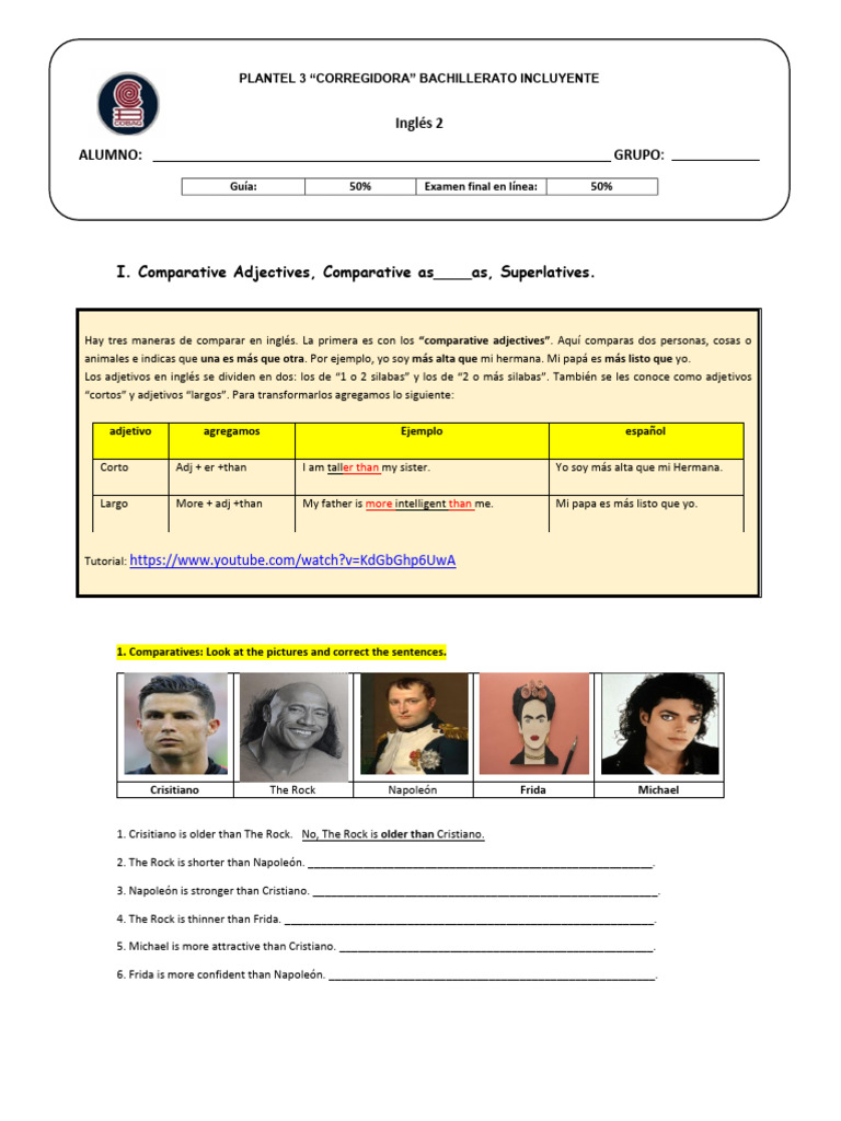 Inglés 2 Alumno: Grupo: I. Comparative Adjectives, Comparative As - As, Superlatives | PDF ...