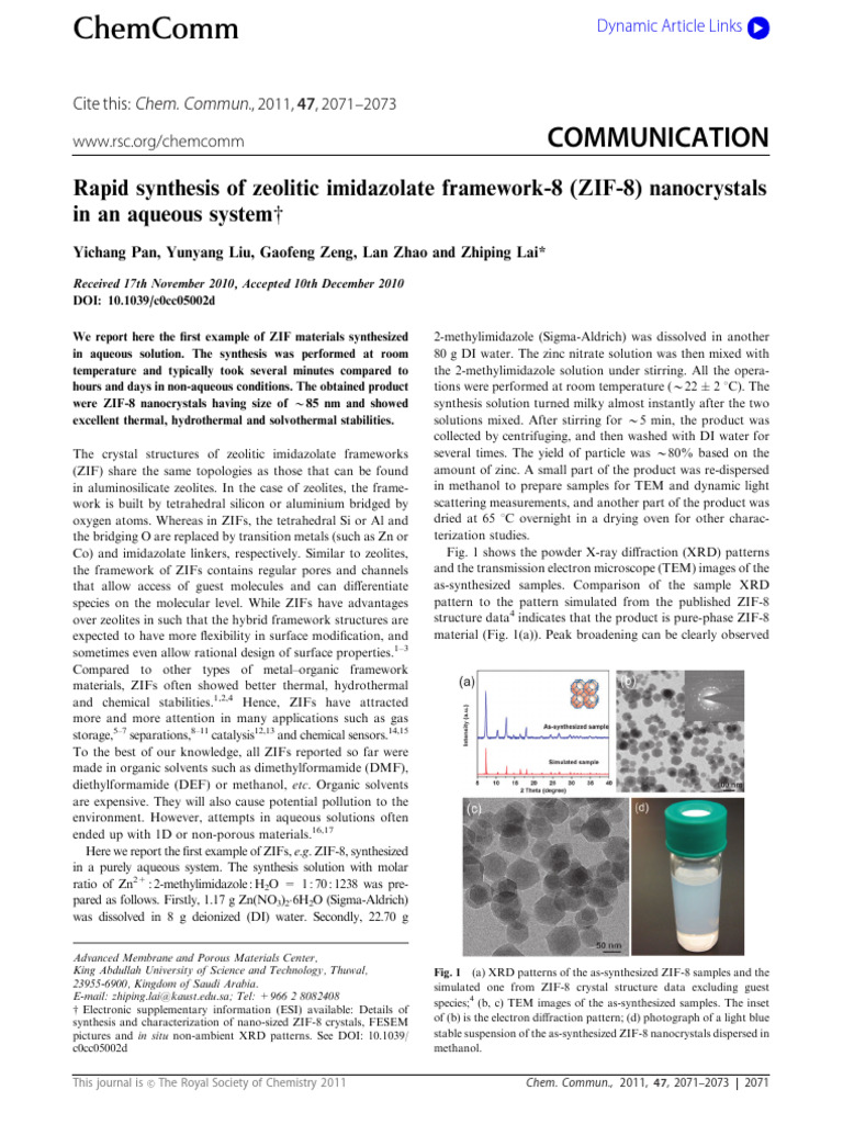 Rapid Synthesis of Zeolitic Imidazolate Framework-8 (ZIF-8) Nanocrystals | PDF | Materials ...