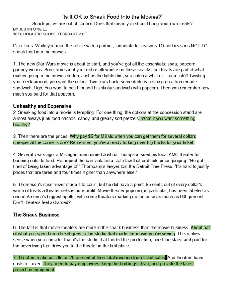 Sneaking Food into Theaters: Is It Okay? | PDF | Evidence
