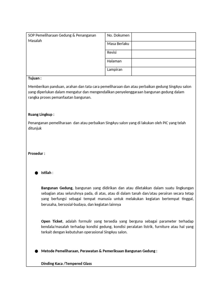 SOP Pemeliharaan Gedung | PDF | Griya & Taman | Seni