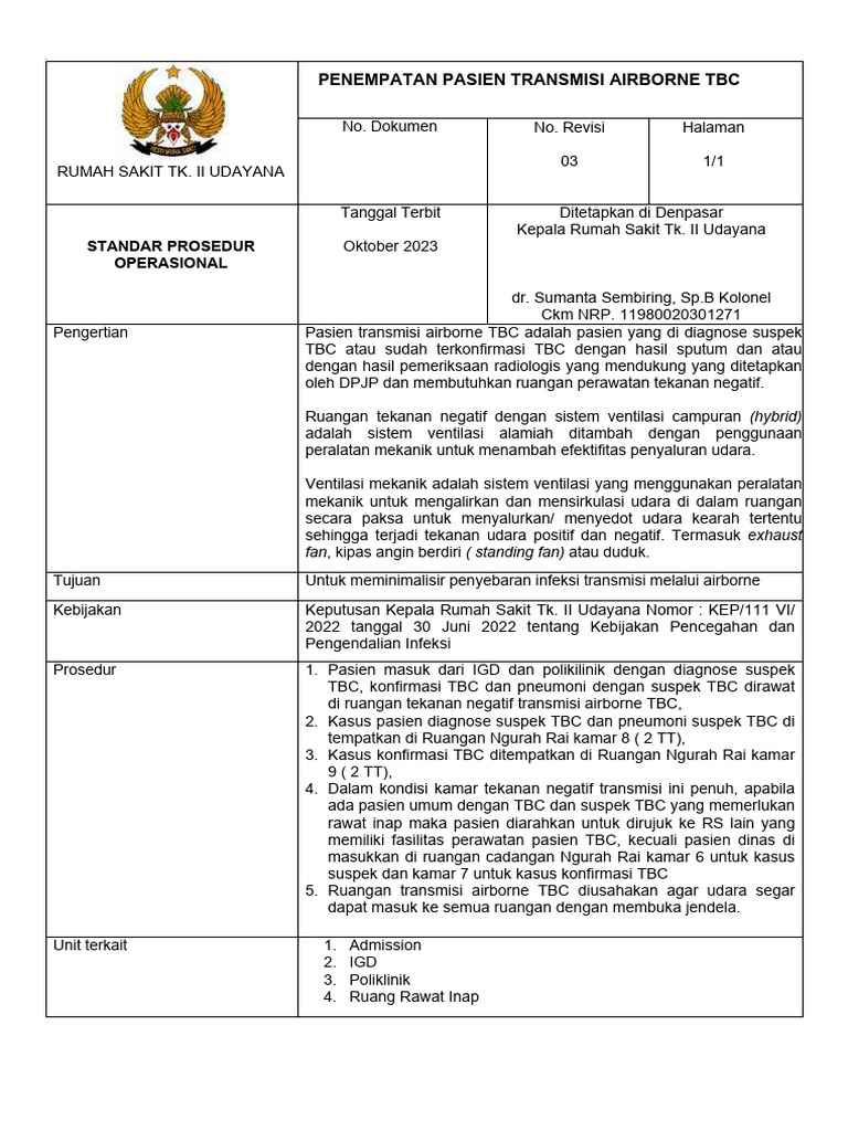 Spo Penempatan Pasien Transmisi Airborne TBC Edit | PDF