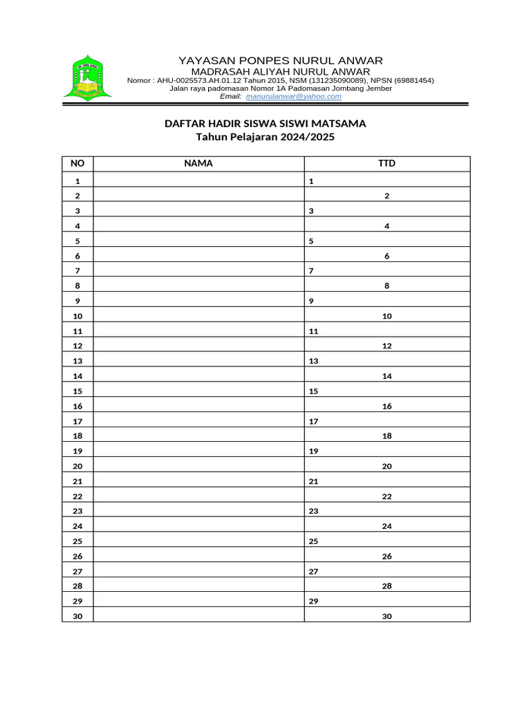 Daftar Hadir Matsama | PDF