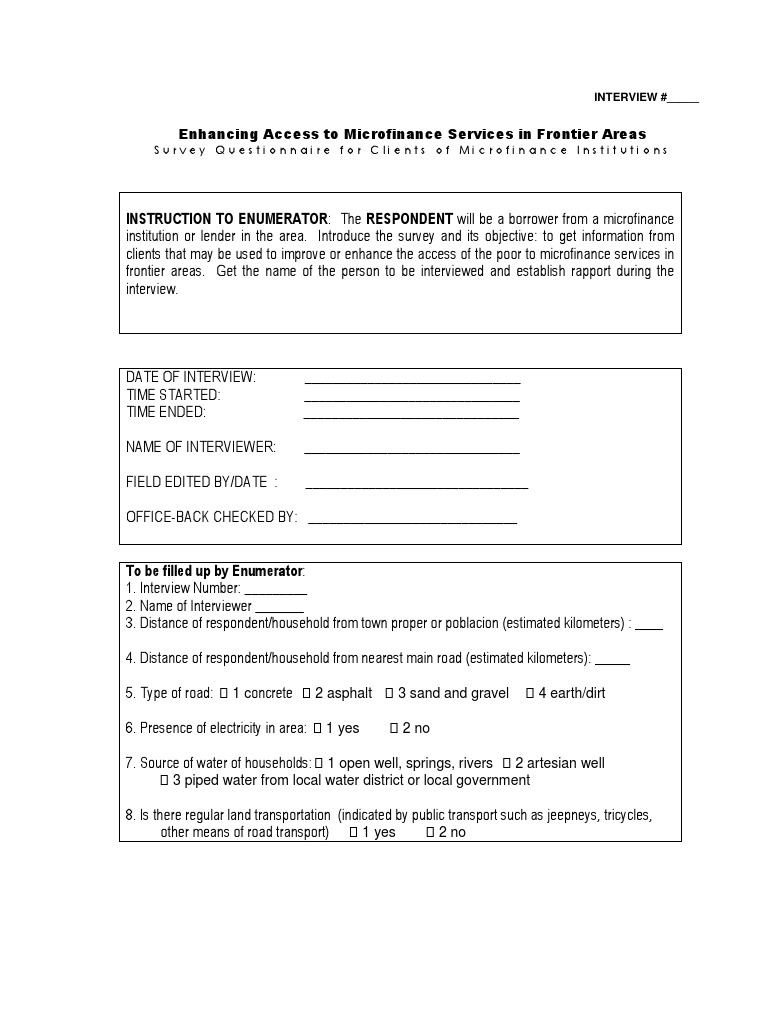 1 2 Client Survey Questionnaire | PDF | Microfinance | Loans