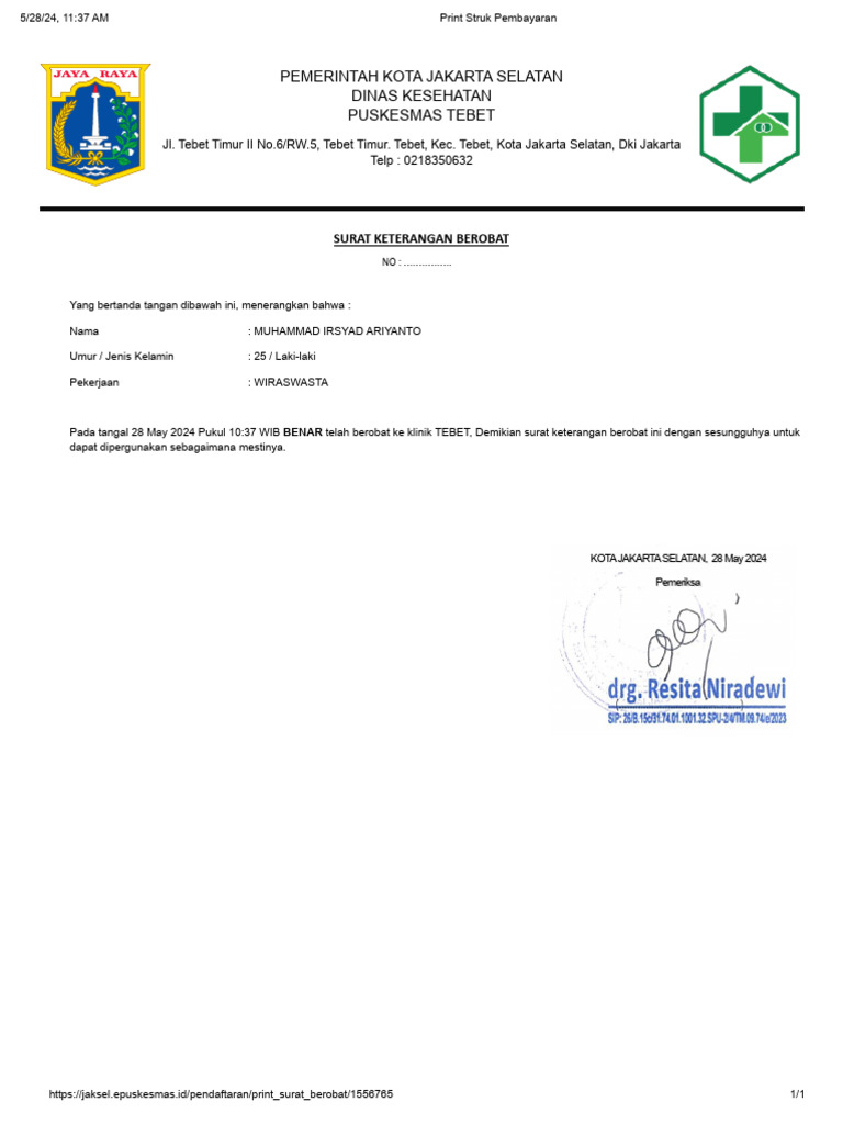 Surat Keterangan Berobat Puskesmas Tebet | PDF