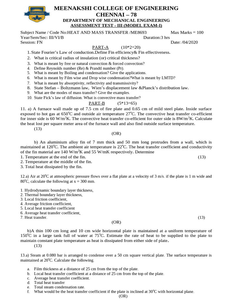 HMT MODEL EXAM APRIL 2020 | PDF | Heat Transfer | Atmosphere Of Earth