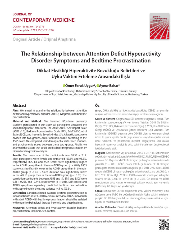 ADHD Symptoms and Bedtime Procrastination | PDF | Attention Deficit ...