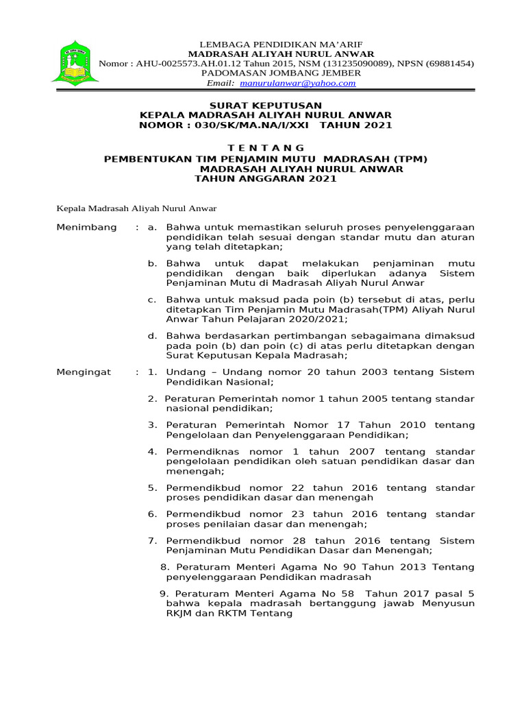 Draft SK TIM PENJAMIN MUTU MADARASAH (Pokjawas Jatim) | PDF