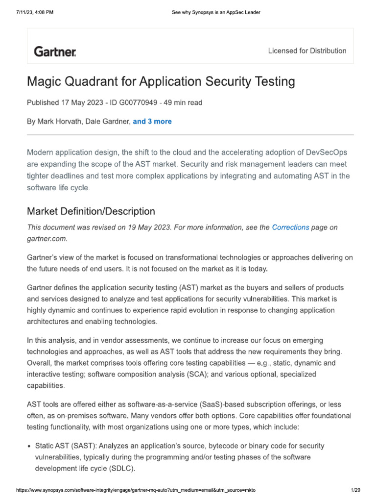 Gartner - MQ For App Security Testing | PDF