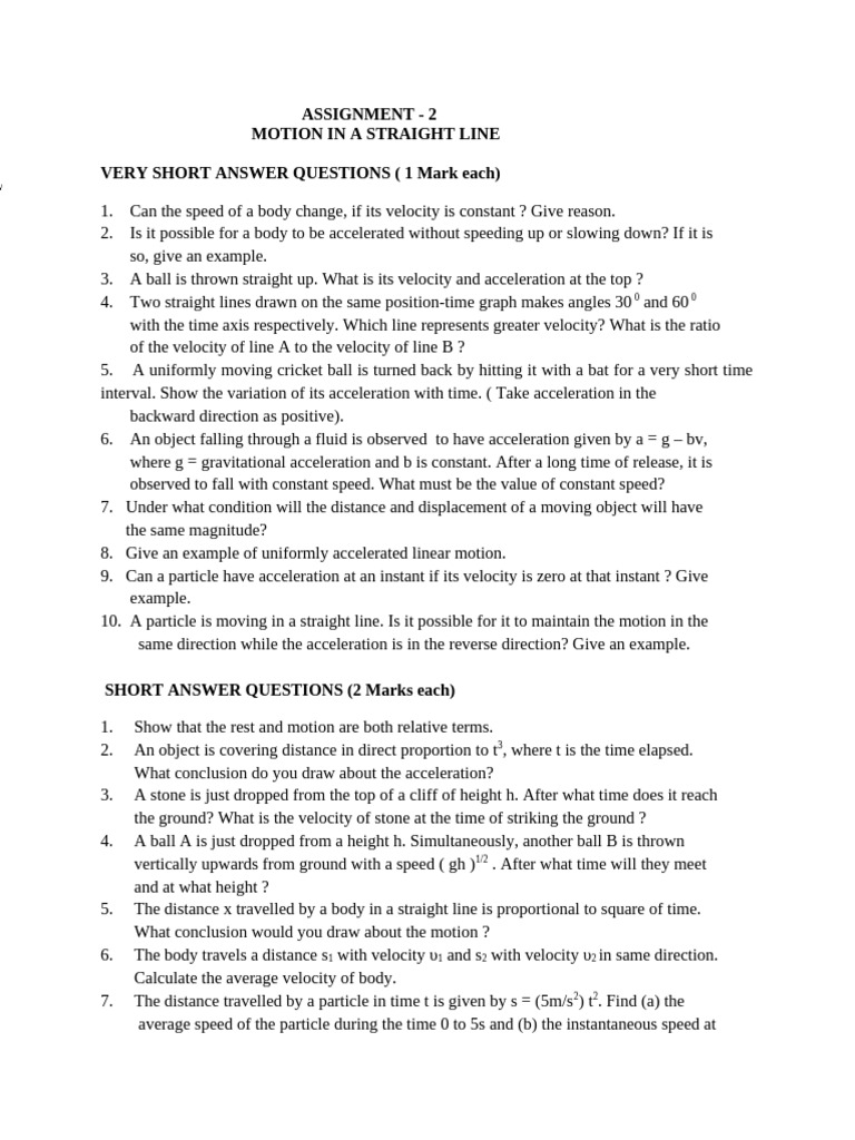 XI Assignment-2 - Motion in St. Line | PDF | Acceleration | Velocity