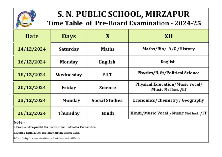 Time Table Pre-Board 2024-25 | PDF