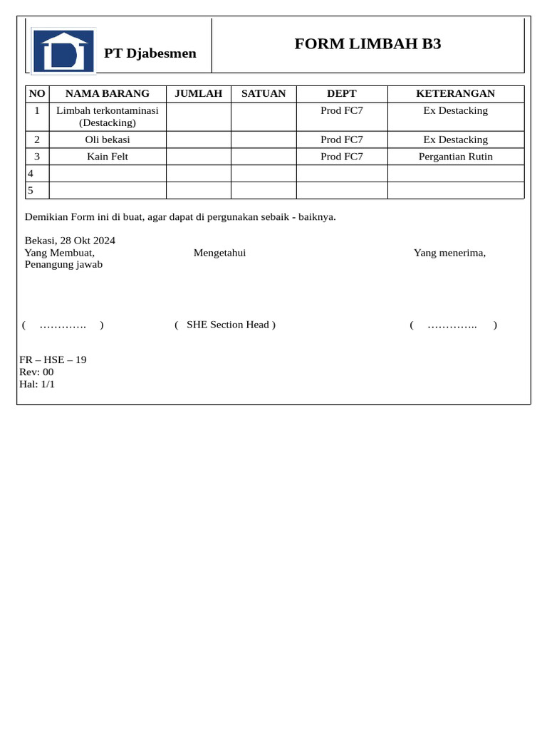 FR - HSE - 13 Form Limbah B3 | PDF
