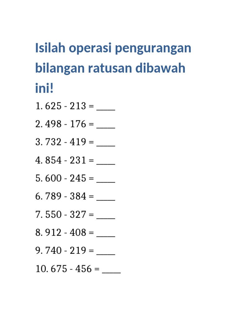 Pengurangan Bilangan Ratusan | PDF
