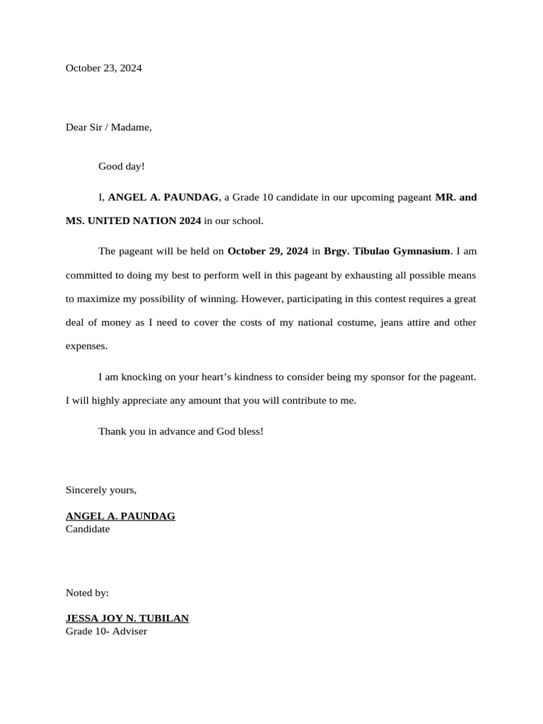 Solicitation Letter Sample Template For Pageant | PDF