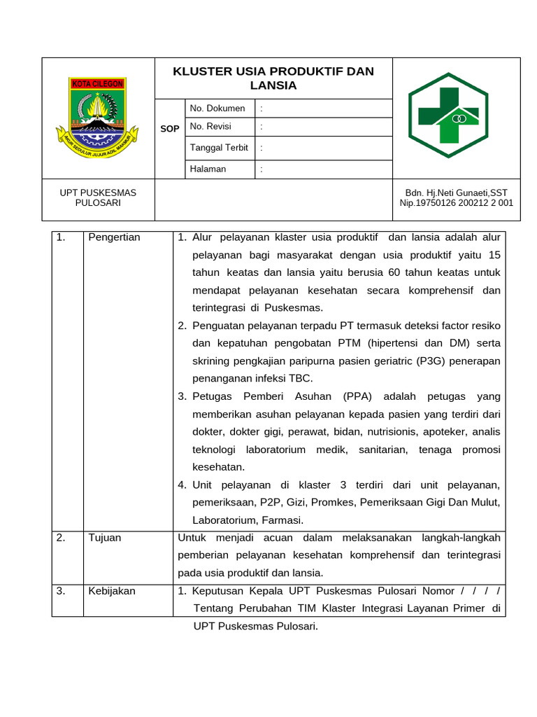 Sop Cluster 3 Usia Produktif Dan Lansia Pulosari24 | PDF | Kesehatan ...