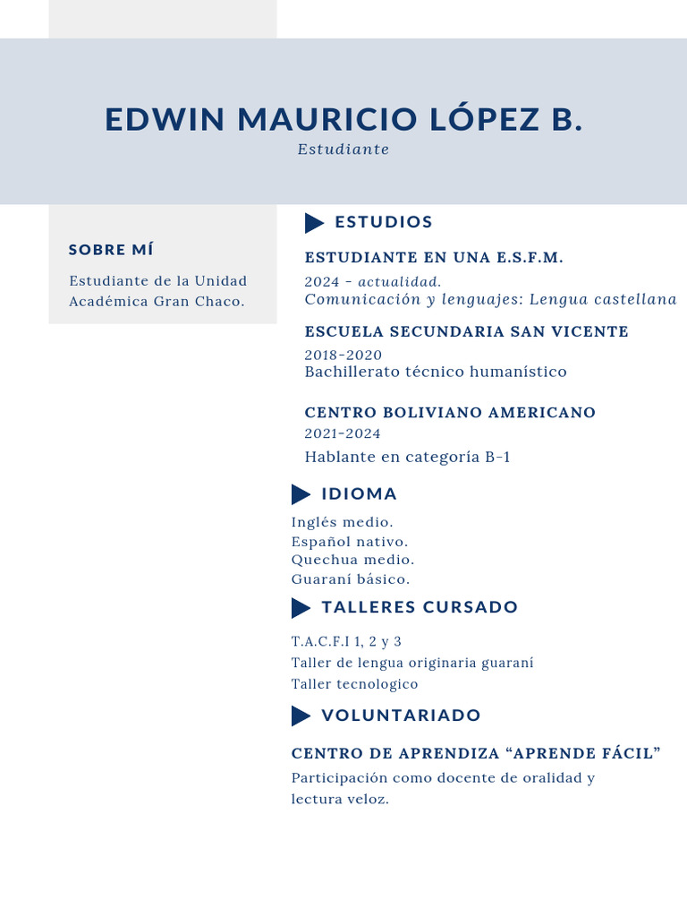 CV Sin Foto Trabajo Formal Joven Blanco Azul | PDF | Artes del lenguaje ...