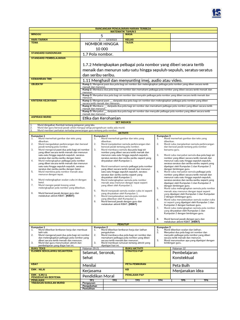 RPH Terbeza Minggu 5 Matematik Tahun 3 | PDF