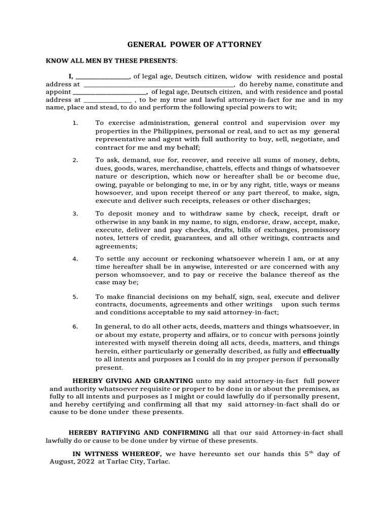 General Power of Attorney - SAMPLE | PDF | Power Of Attorney ...